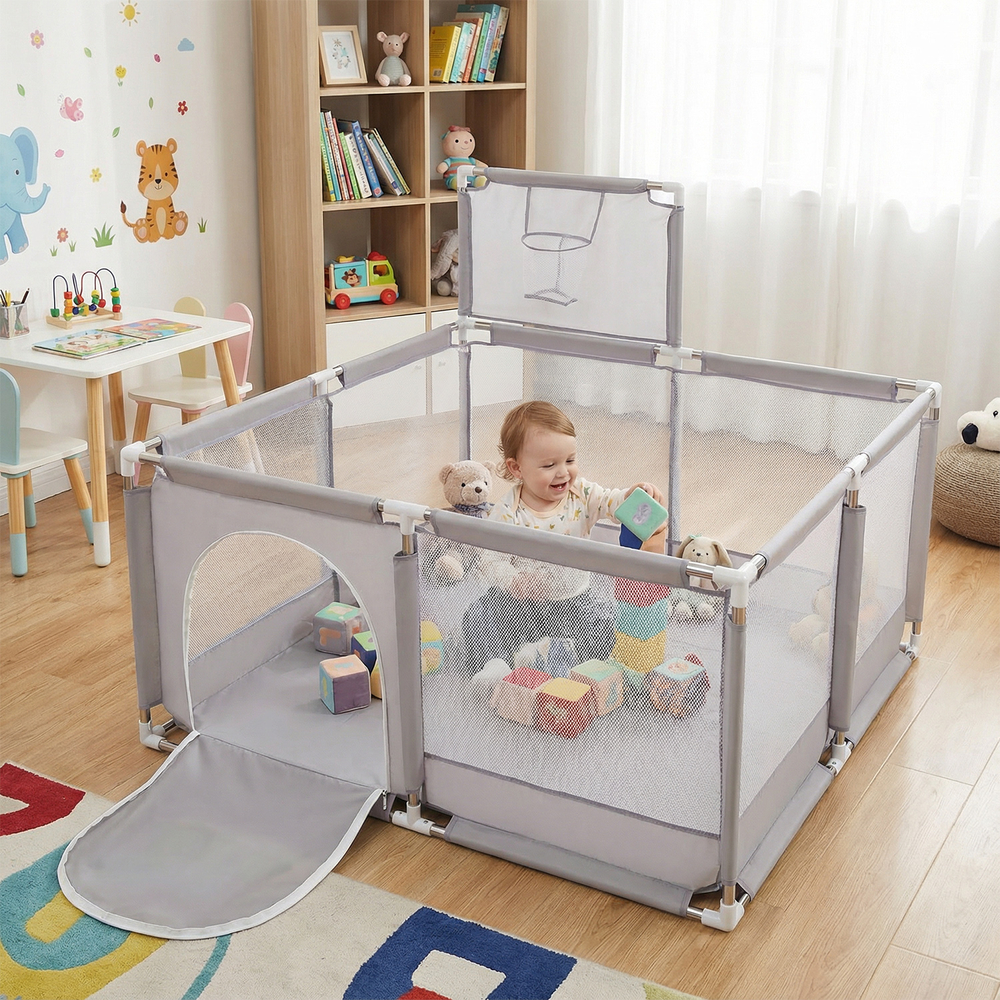 square play pen filled with plastic balls basketball, Grey, No Balls ...