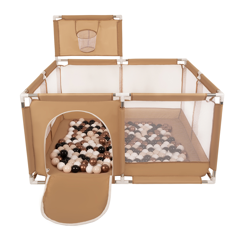 square play pen filled with plastic balls basketball, beige:pastel ...